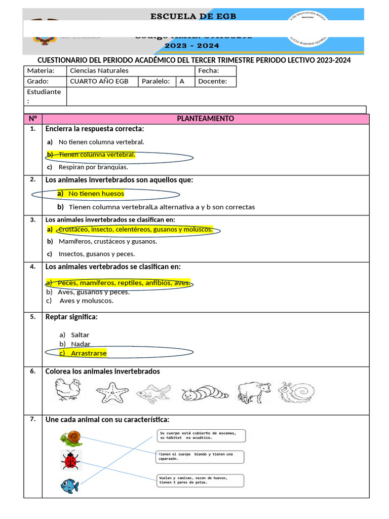 CUESTIONARIO CCNN 3ER TRIMESTRE 4TO EGB GABY | PDF