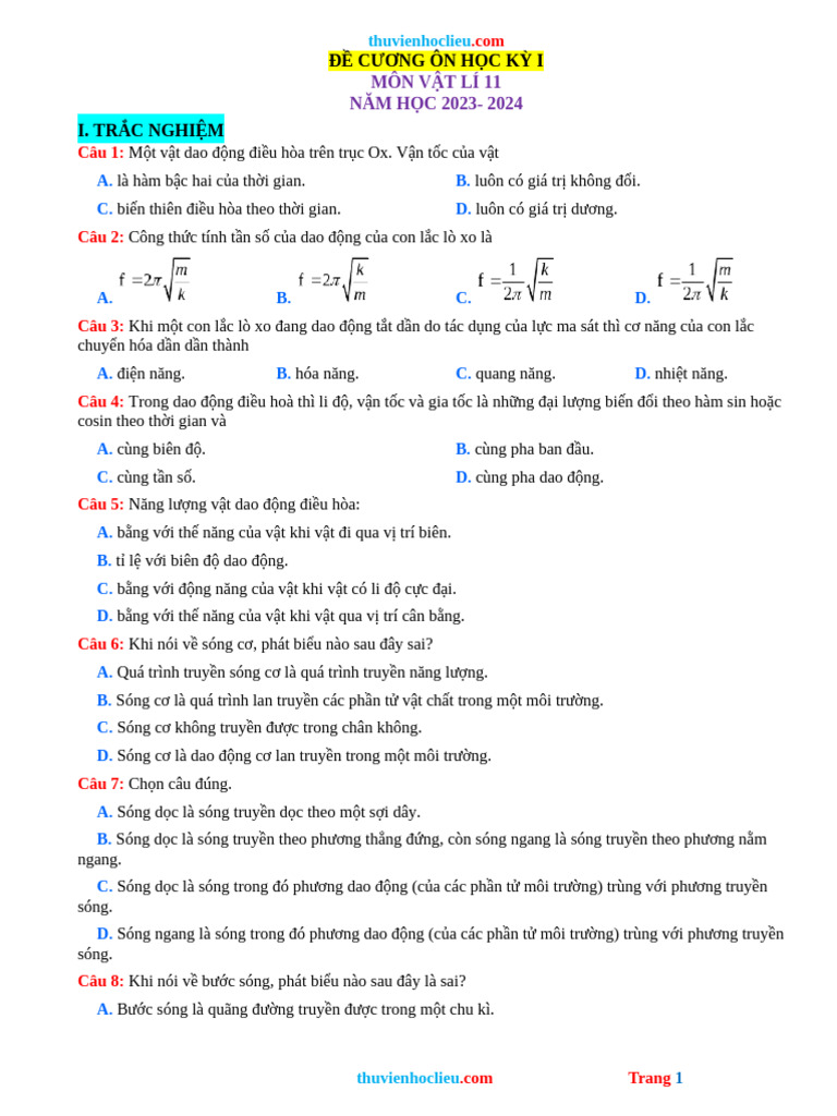 De Cuong On Tap Vat Li 11 HK1 23 24 | PDF