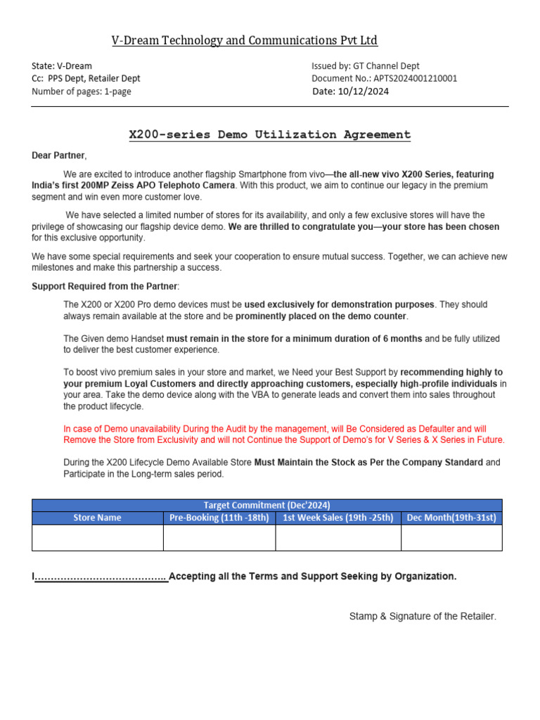 X200 Demo Retailer Agreement. - 319601664 | PDF | Mobile Phones