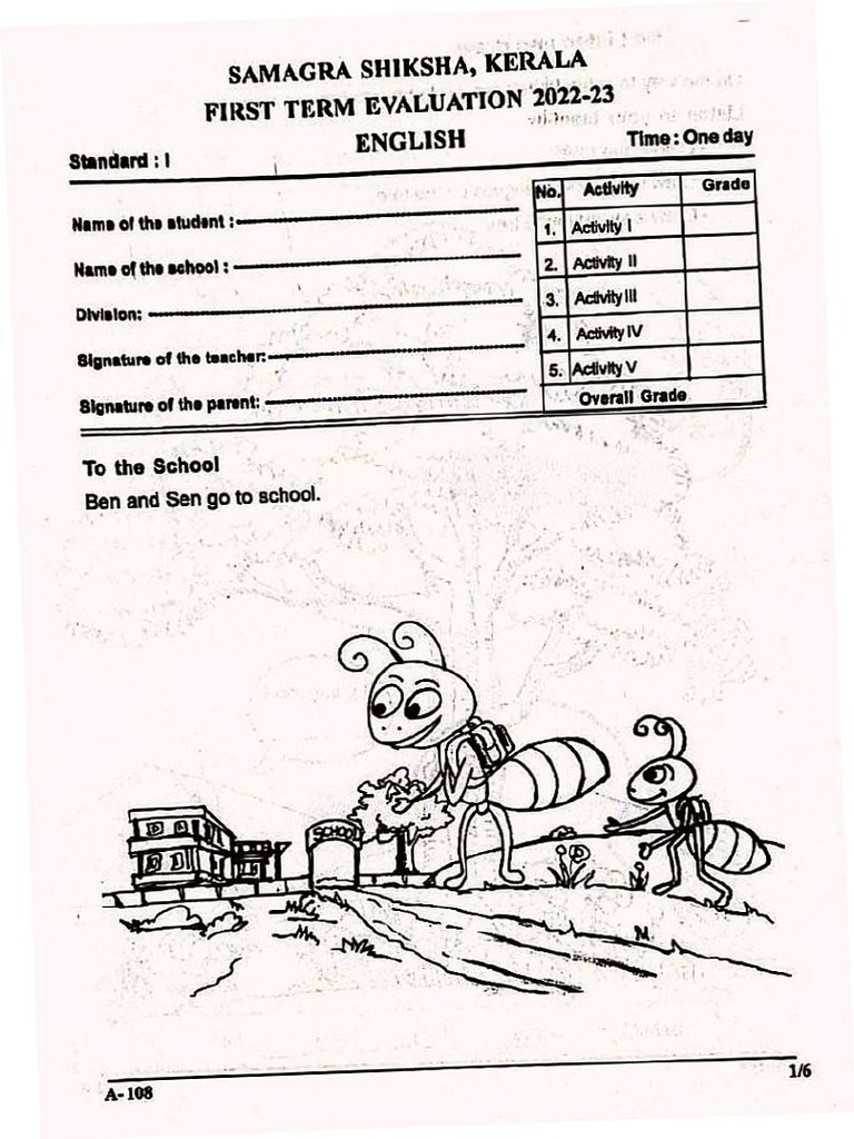 First Term Exam 2022 STD 1 Question Paper- EnGLISH | PDF