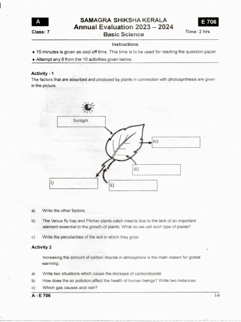 Kerala 7th STD Annual Exam 2024 Basic Science Question Paper (EM) | PDF