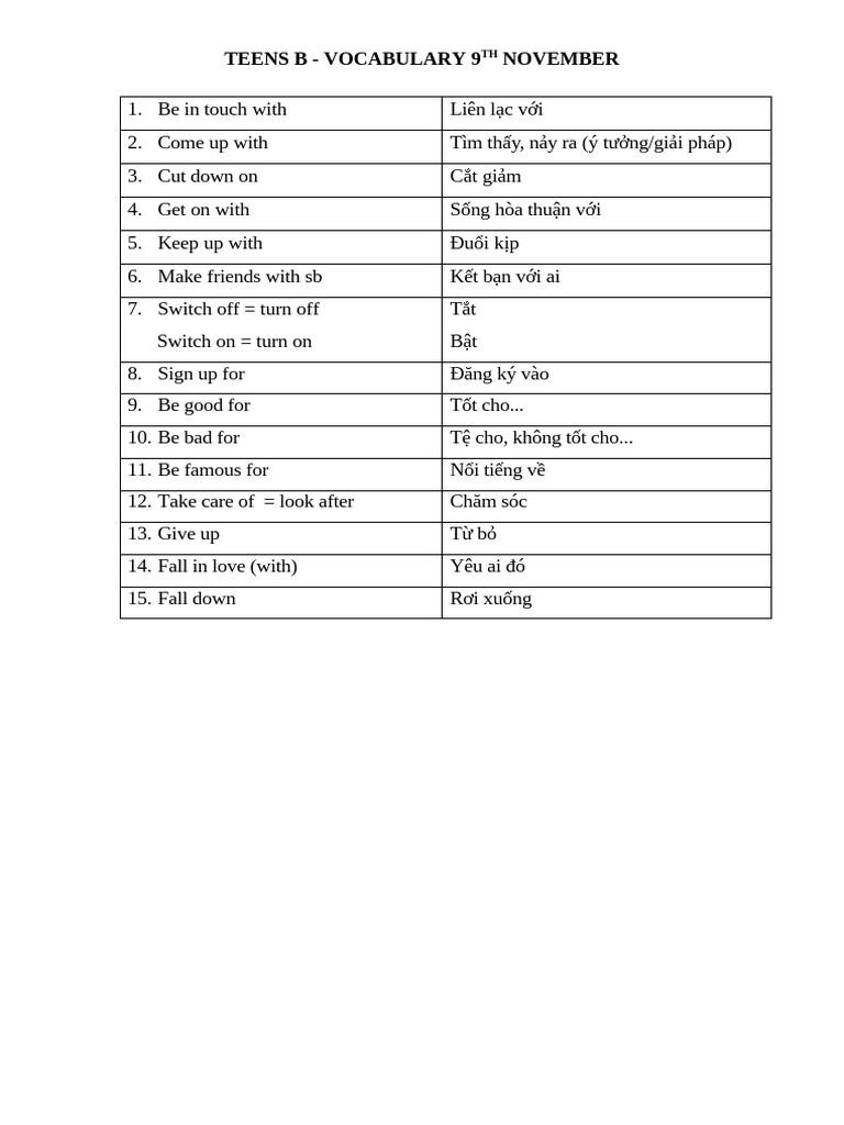 Teens B Vocabulary - 9th November | PDF