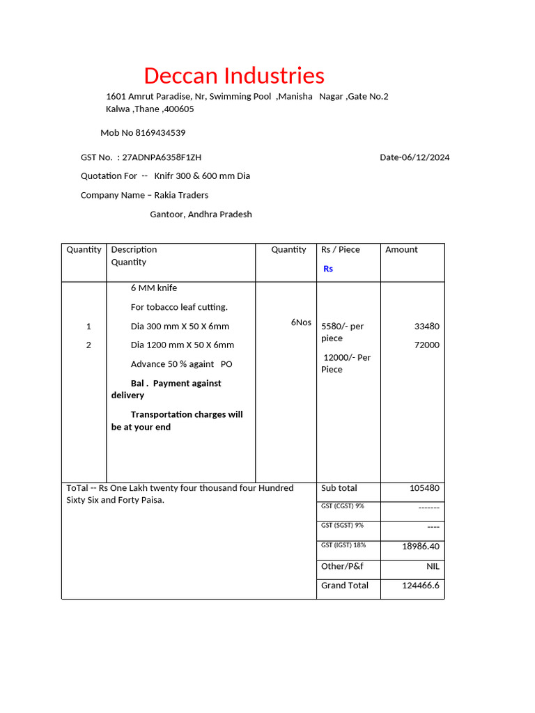 Quotation For Rakia Traders | PDF