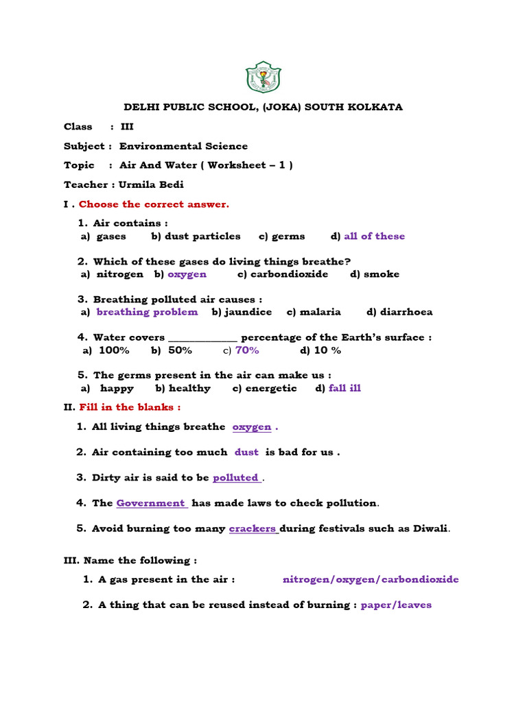 EVS, Class 3, Urmila Bedi, Air and Water, Worksheet (1), Answer Key ...