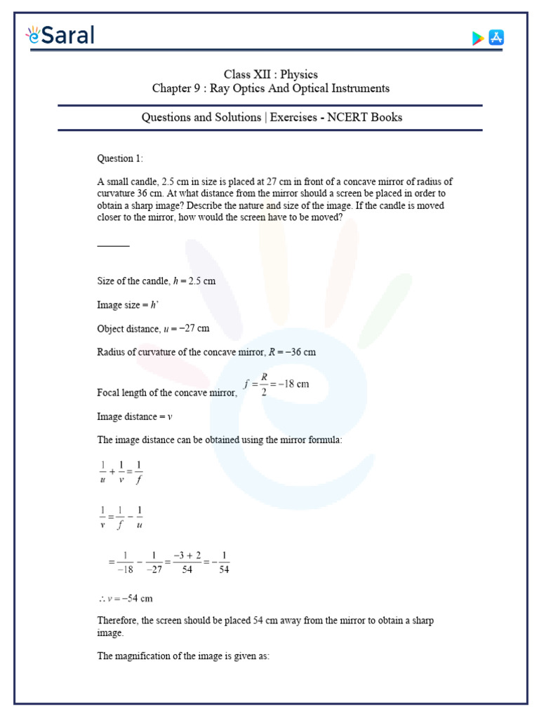NCERT Solutions For Class 12 Physics Chapter 9 Ray Optics and Optical ...