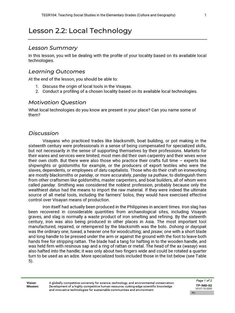 Lesson 2.2 Local Technology | PDF | Blacksmith