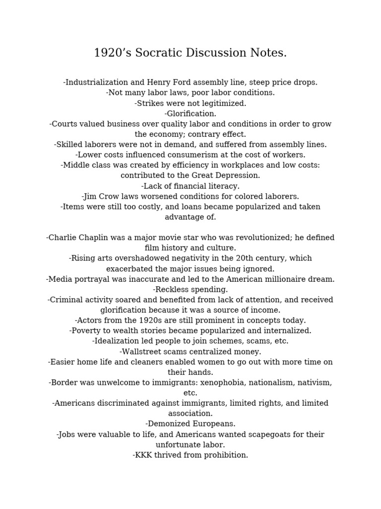 Socratic Discussion Notes | PDF | Cost Of Living | Great Depression