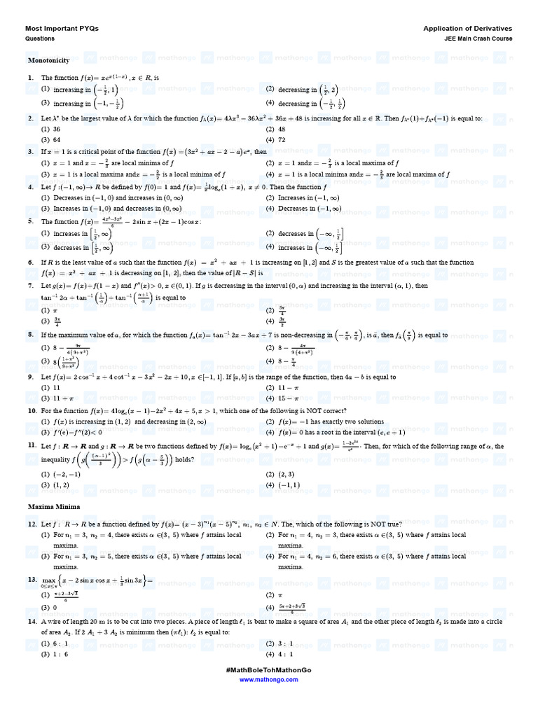 PYQs Application of Derivative | PDF | Zero Of A Function | Equations