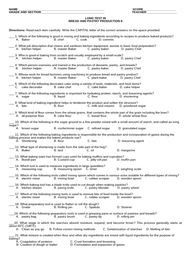 Test Bread and Pastry Production Tle 8 Quarter 1 | PDF | Pancake | Breads