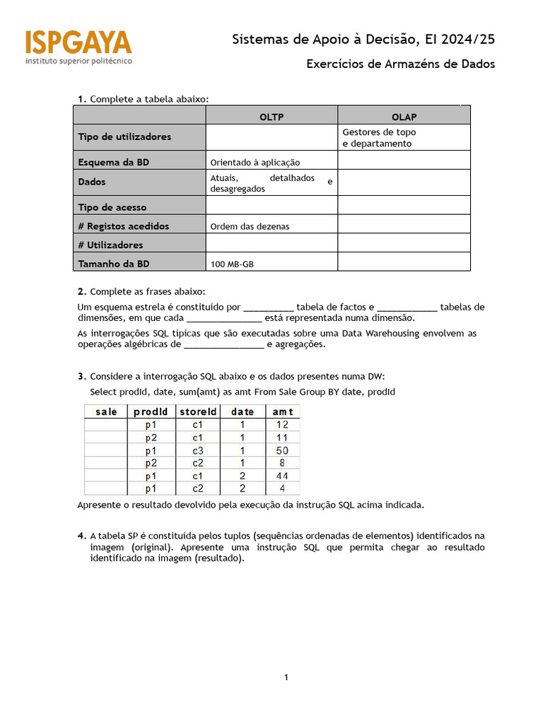 Exercícios de Armazéns de Dados | PDF | Armazém de dados | SQL