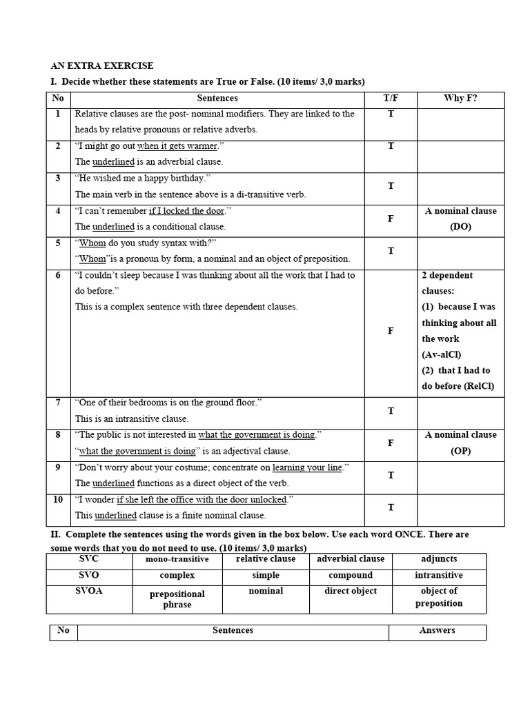 AN EXTRA EXERCISE (5) | PDF | Clause | Preposition And Postposition