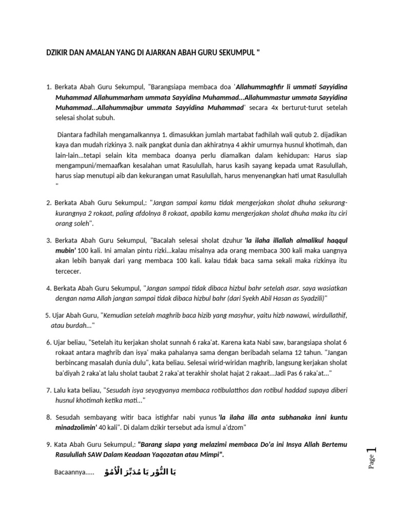 Dzikir Dan Amalan Yang Di Ajarkan Abah Guru Sekumpul | PDF