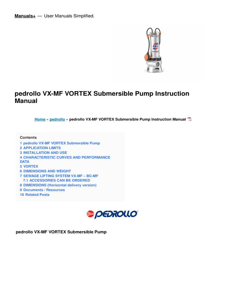 Pedrollo VX-MF Vortex Pump Manual | PDF | Water | Pump