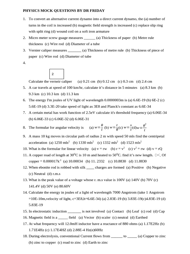 'First Class 'Physics Mock | PDF | Velocity | Electrical Resistivity ...
