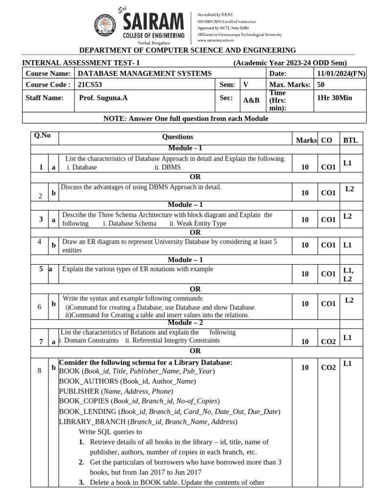 IA 1 - QP DBMS-18CS53 SET1 final print | PDF | Databases | Sql