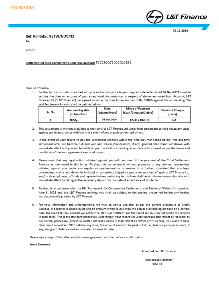Settlement Letter VINOD | PDF | Business | Money