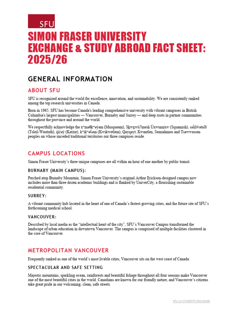 SFU Exchange and Study Abroad Fact Sheet 2025 - 26 | PDF | Vancouver