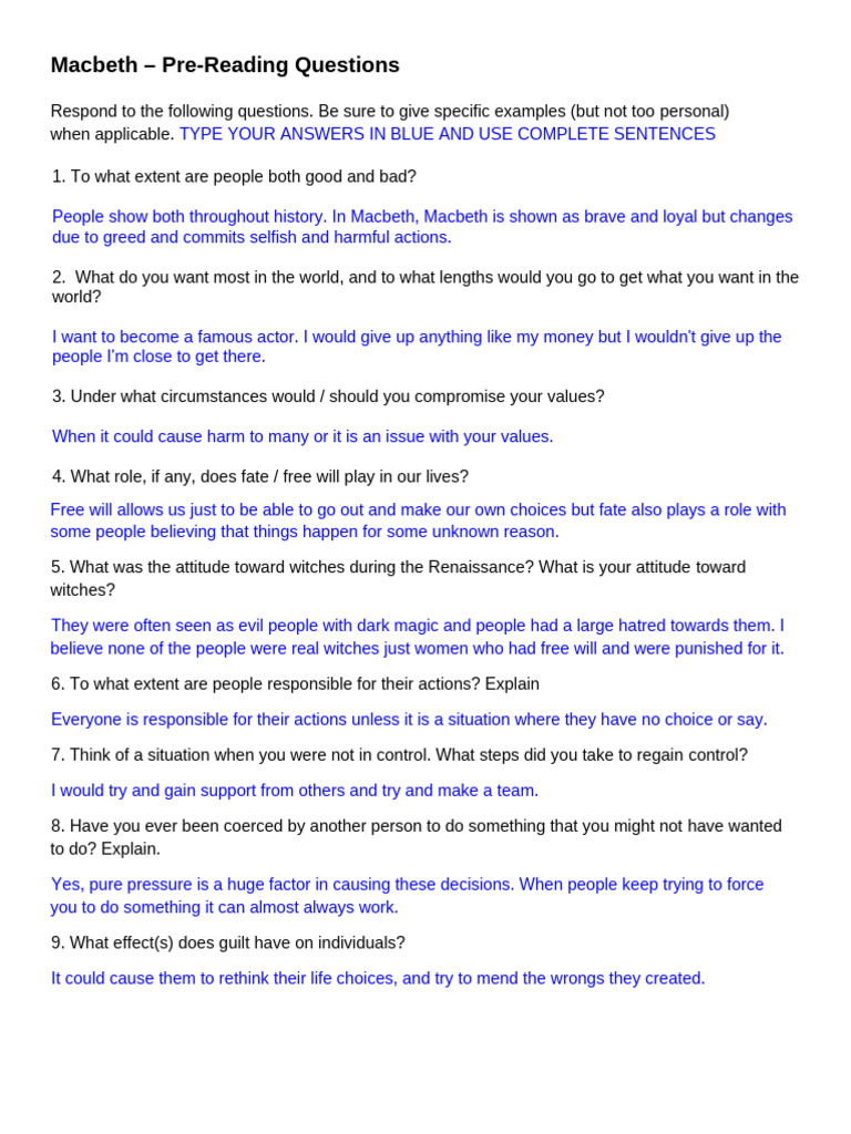 Macbeth Pre-Reading Questions | PDF