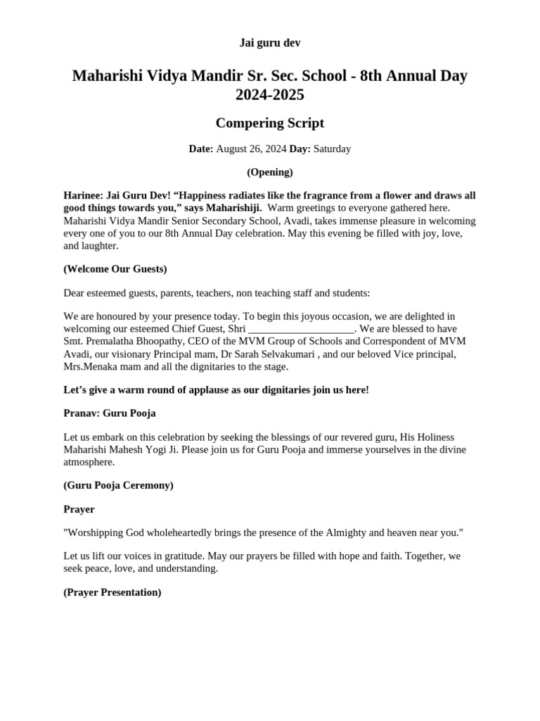 Annual Day Compering Script | PDF