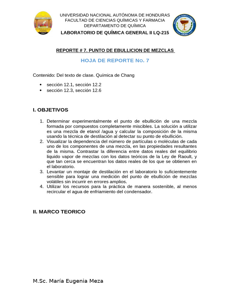 Reporte #7 Punto de Ebullicion de Mezclas | PDF | Destilación | Agua