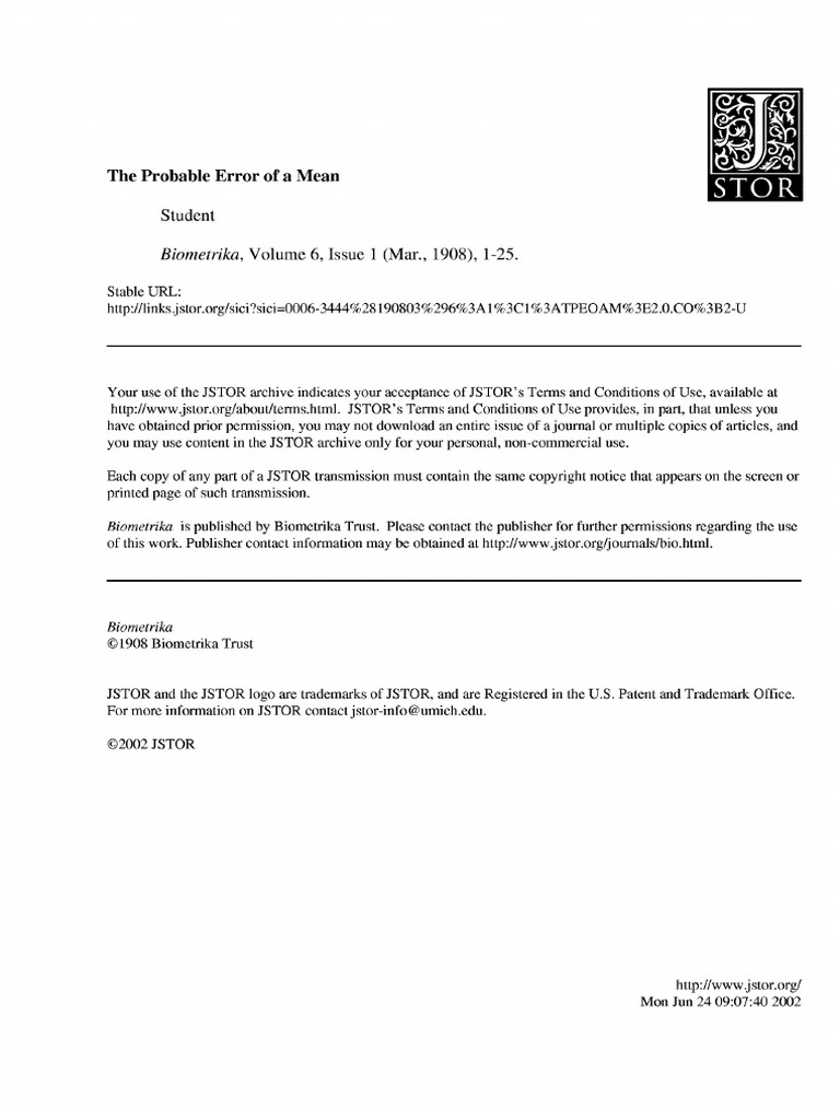 Student (1908 - The Probable Error of A Mean | PDF
