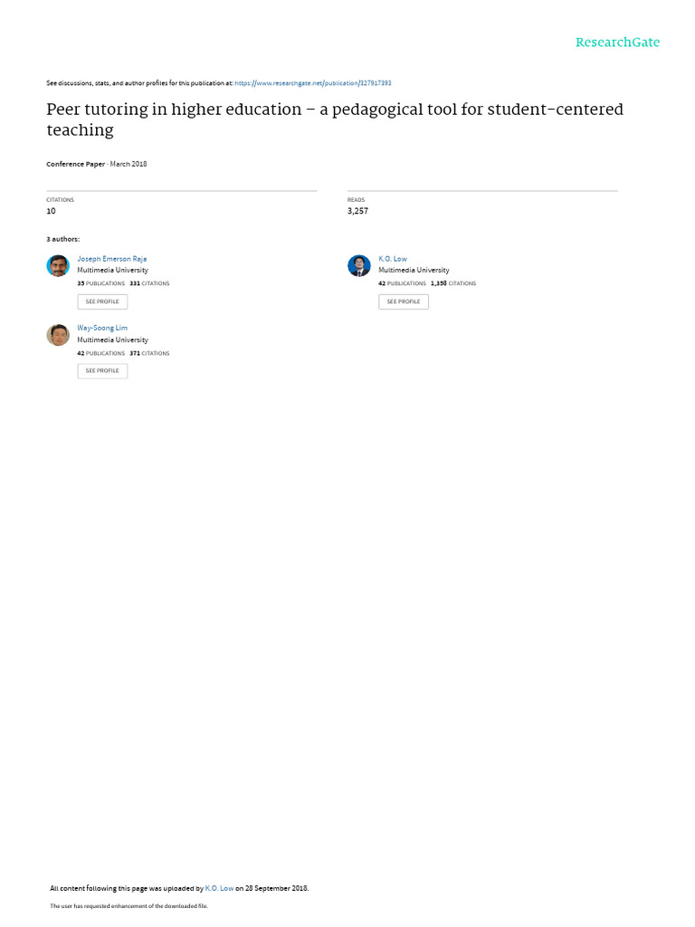 Peer Tutoring in Higher Education - A Pedagogical Tool For Student-Centered Teaching | PDF ...
