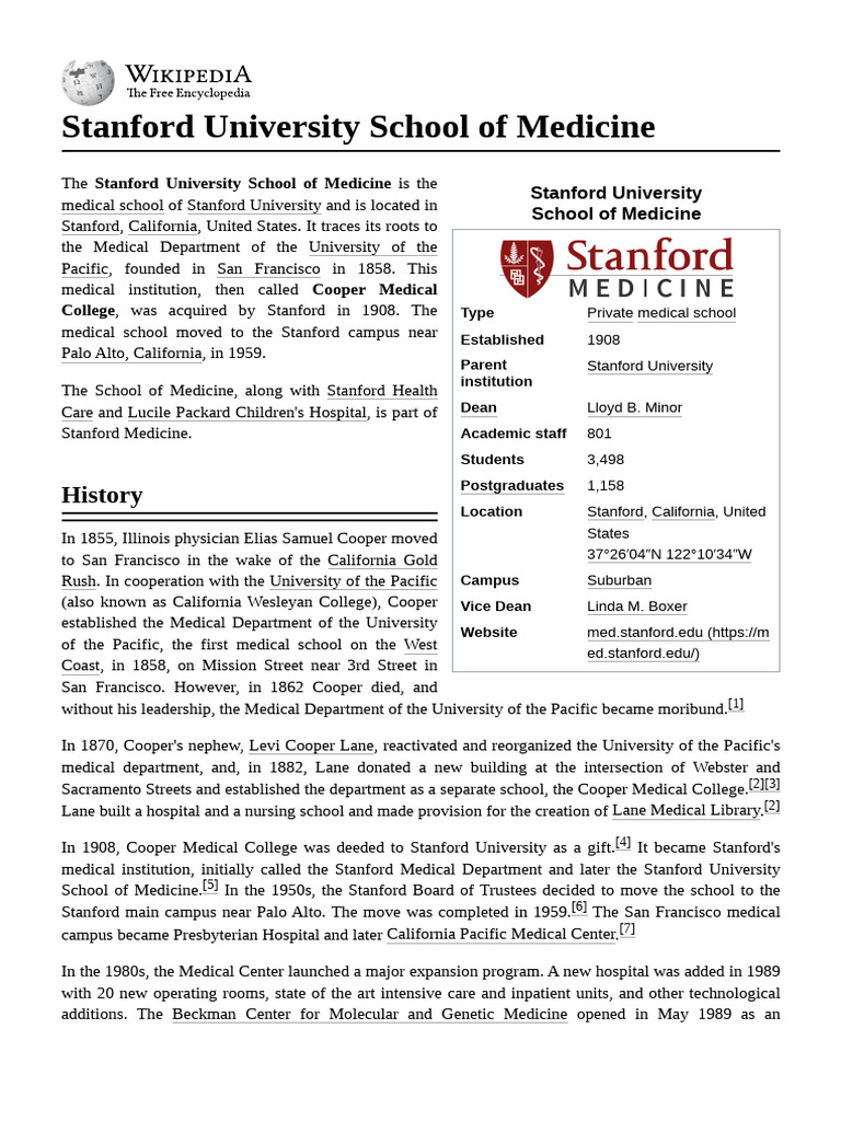 Stanford University School of Medicine Overview | PDF