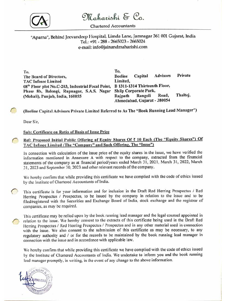 Certificate On Basis of Issue Price and KPI - 1 | PDF