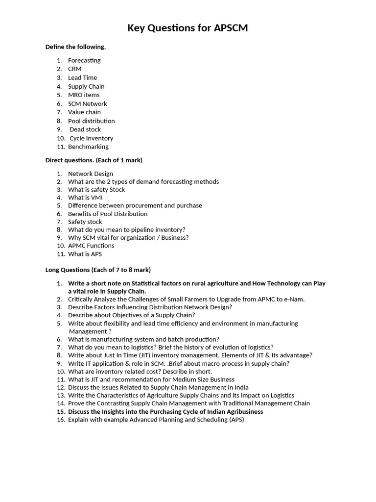 Question Bank For APSCM | PDF