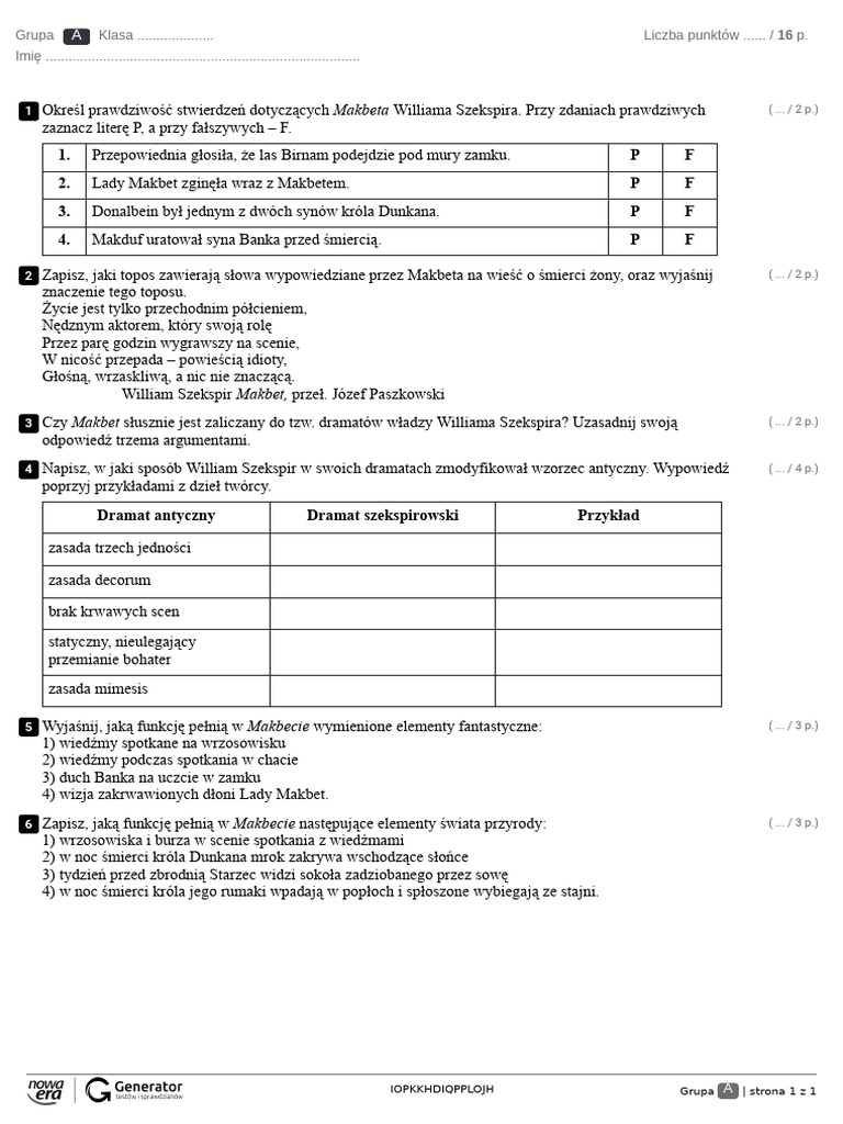 Makbet Test (Z Widoczną Punktacją) | PDF