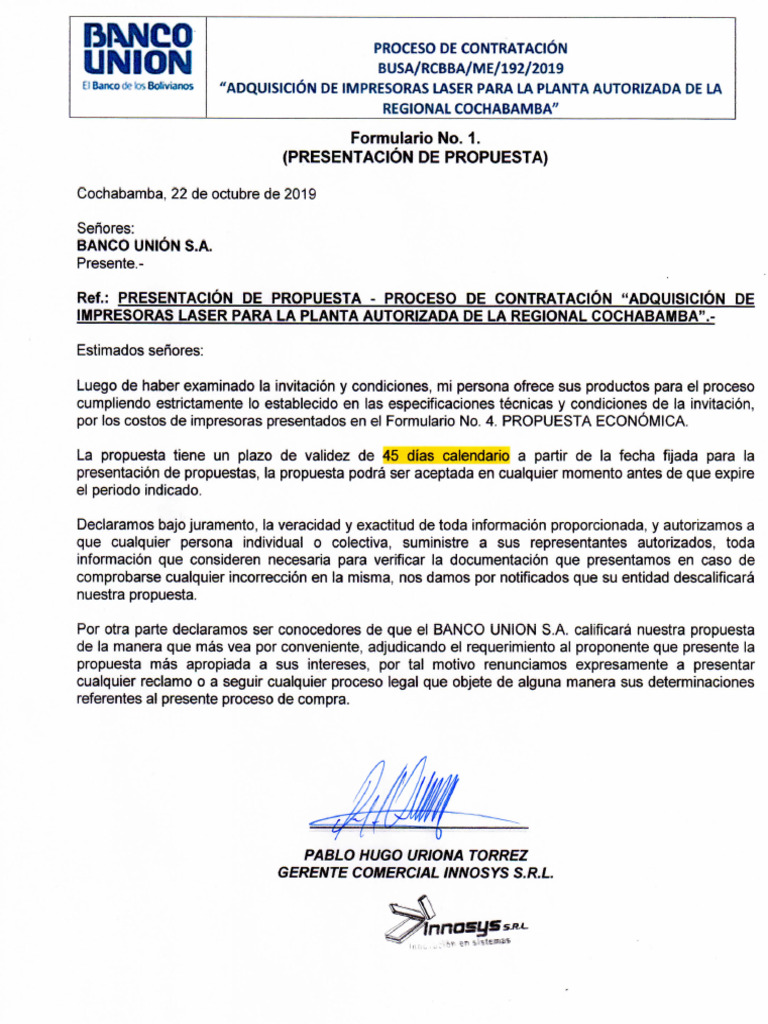 FORMULARIOS BANCOUNION Bolivia | PDF