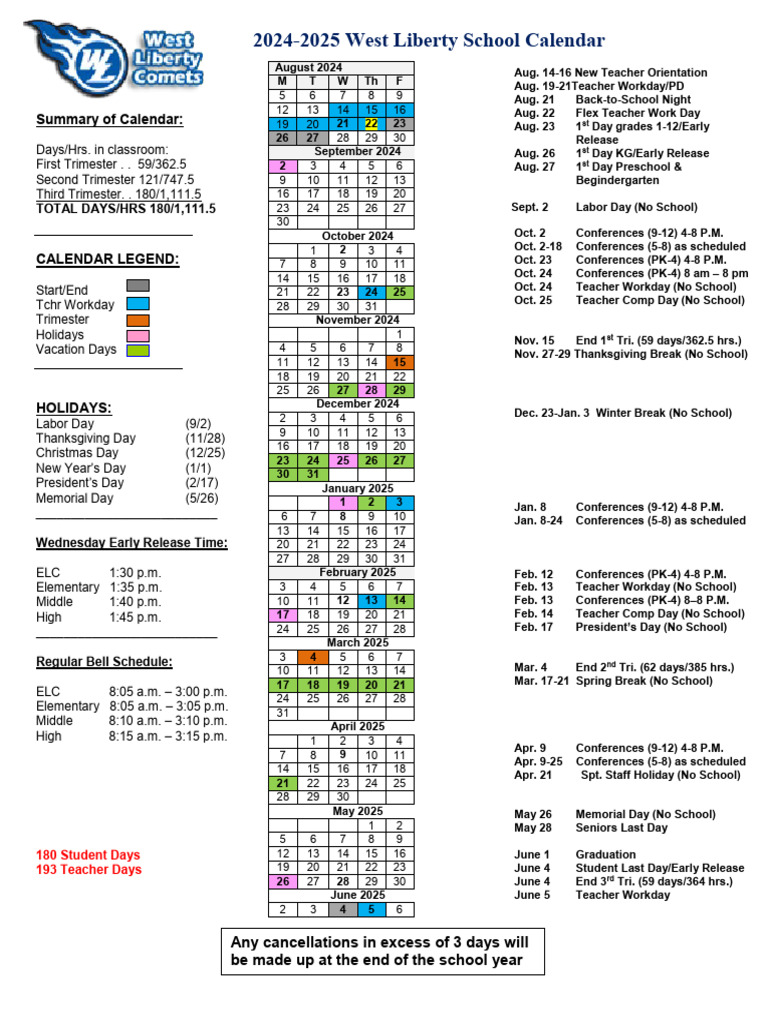 Calendario Escolar 2024-2025 West Liberty | PDF | Vacaciones seculares ...