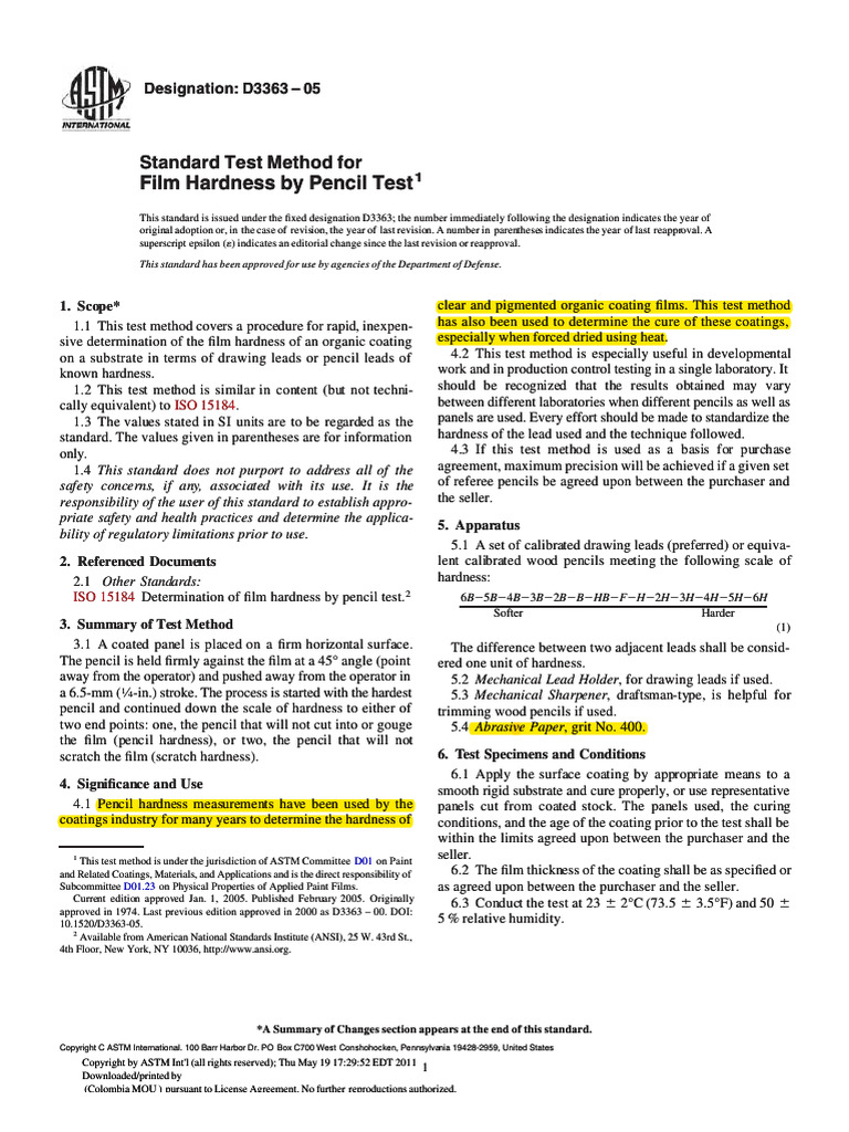 ASTM D3363: Pencil Hardness Test | PDF | Pencil | Copyright