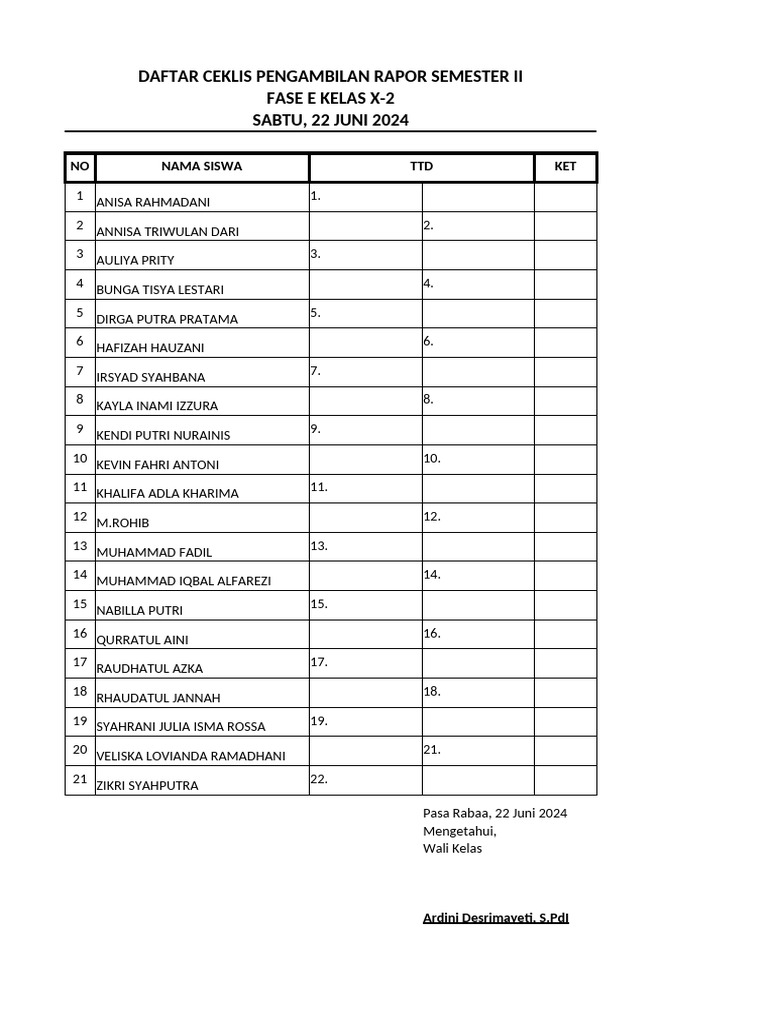Daftar Ceklis Penerima Rapor Sem 2 | PDF