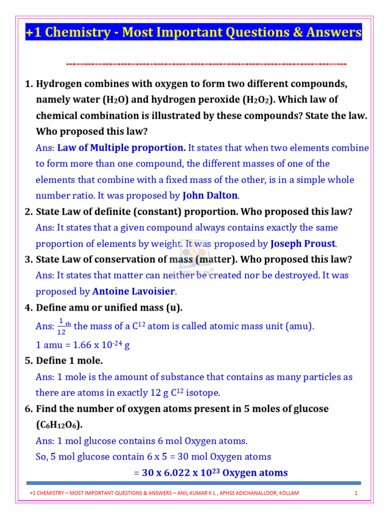 Hsslive Xi Chemistry Most Important Questions Answers Anil 2024 Updated ...