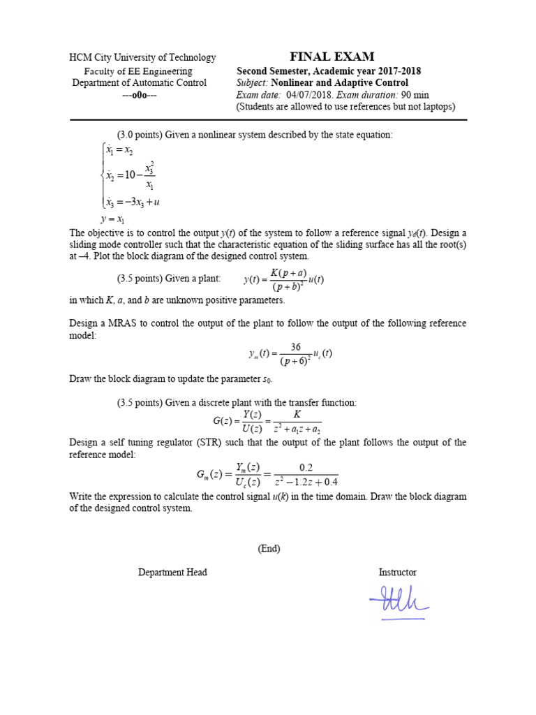 NonlinearAdaptiveCtrl Final Exam 2nd Semester 1718 Solution | PDF | Applied Mathematics ...