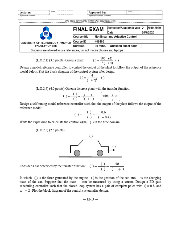 NonlinearAdaptiveCtrl Final Exam 2nd Semester 1920 Solution | PDF | Computer Engineering ...