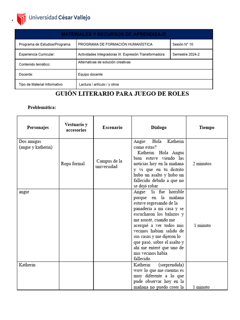 Plantilla Guion Literario - Sesión 10 | PDF