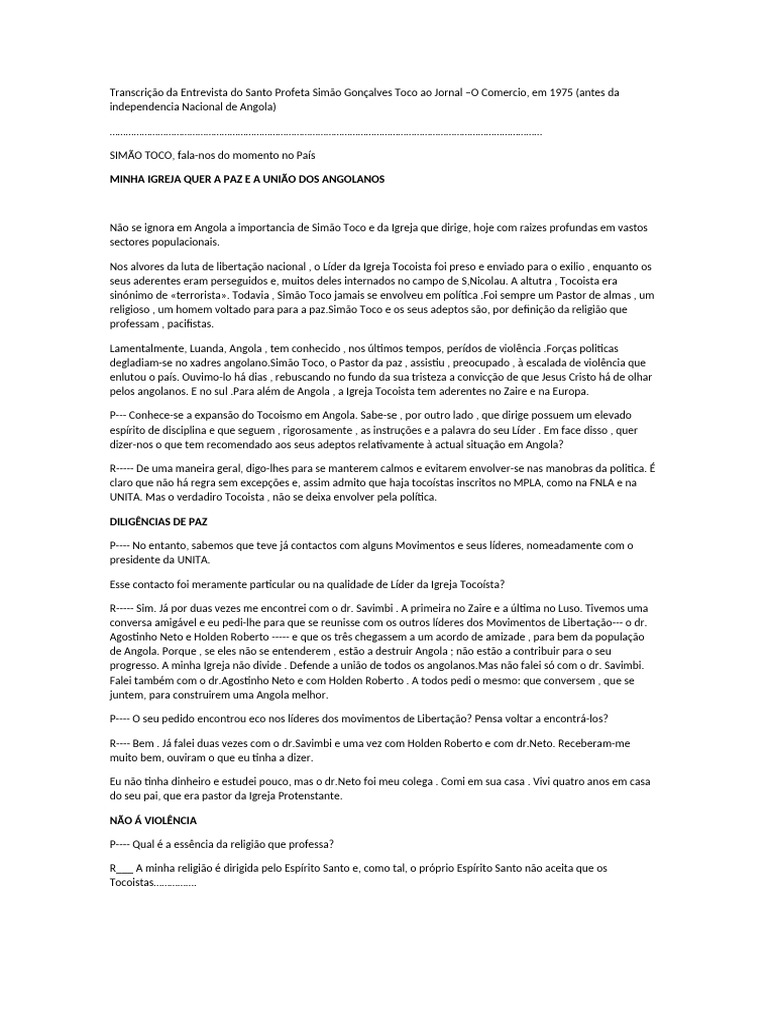 Entrevista Do Santo Profeta Simão Gonçalves Toco Ao Jornal - Comercio ...