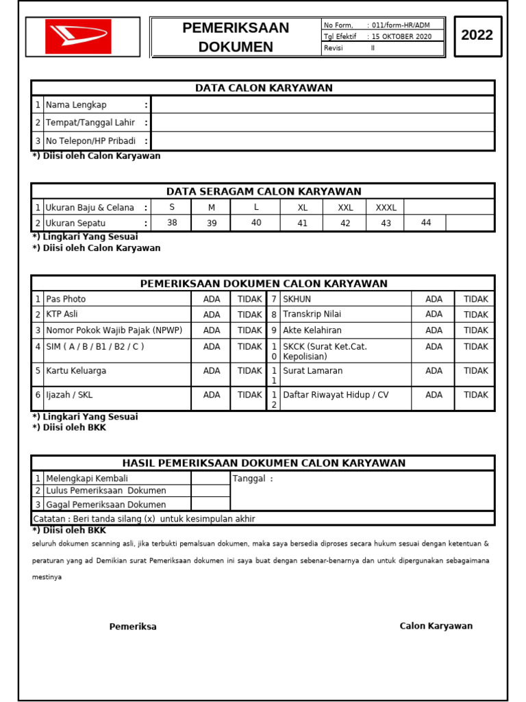 Form Cek Dokumen | PDF