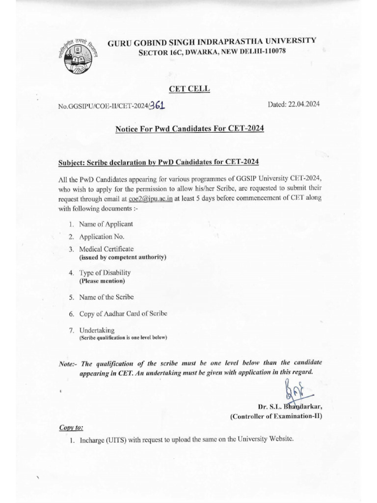 Notice for PwD Candidates for CET 2024 | PDF
