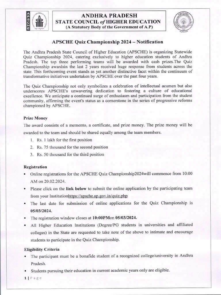 APSCHE - Quiz Champion Ship 2024 Notifcation | PDF