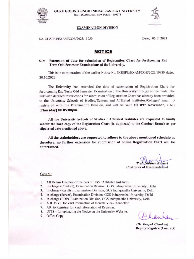 Extension of date for submission of Registration Chart for forthcoming ...