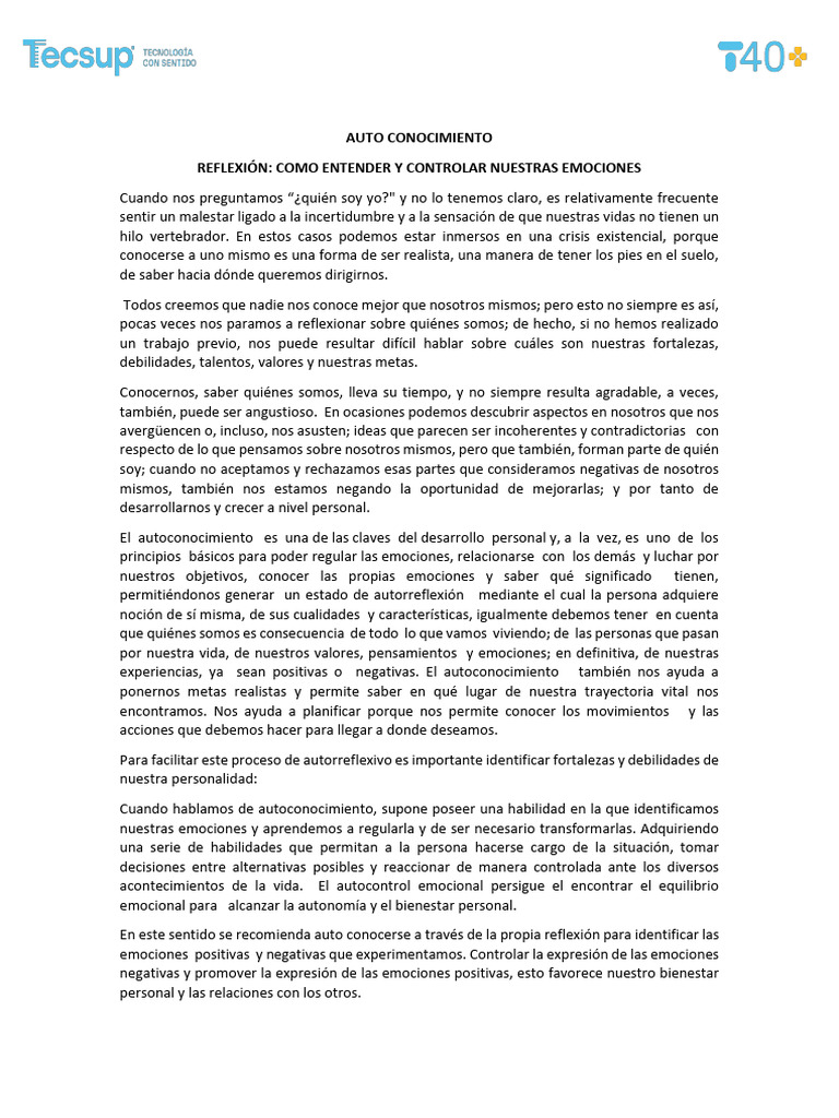 Lectura Sobre Autoconocimiento | PDF | Las emociones | Conceptos psicologicos