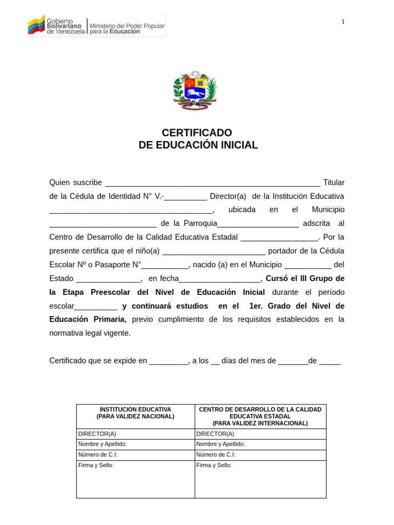 Certificado de Educacion Inicial | PDF | Educación de la primera ...