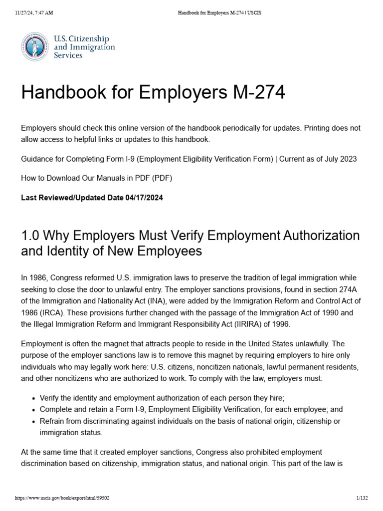 Employer Handbook for Form I-9 Compliance | PDF | E Verify | Immigration