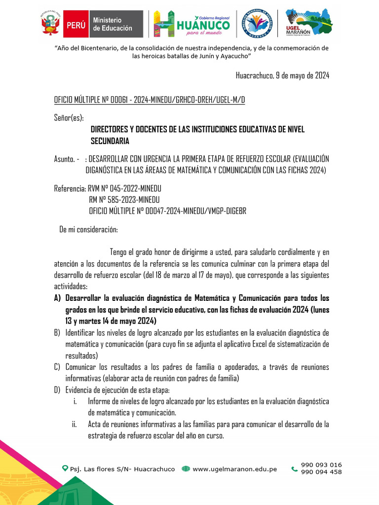 Oficio Múltiple 00061-2024 Desarrollo de La Primera Etapa de Refuerzo Escolar | PDF