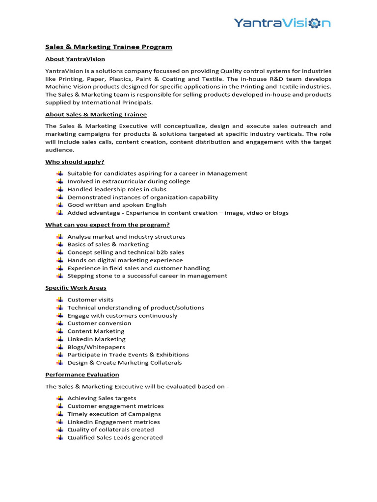 YantraVision - Sales & Marketing Trainee Program | PDF