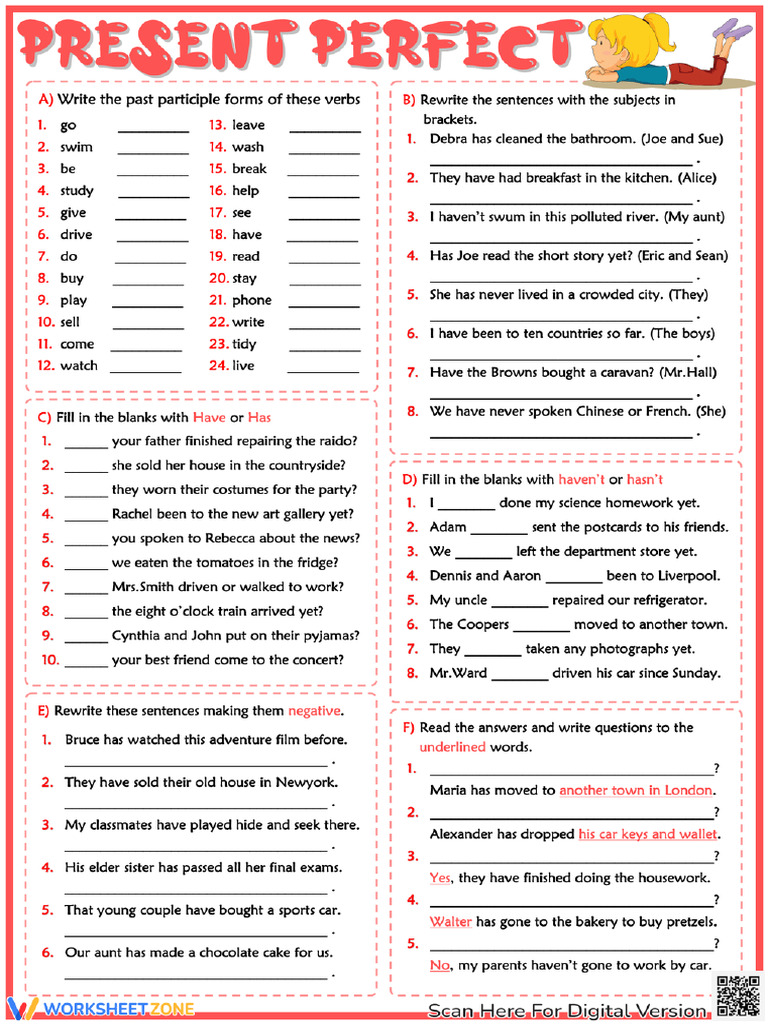 Present Perfect Tense ESL Grammar Exercises Test Worksheet | PDF