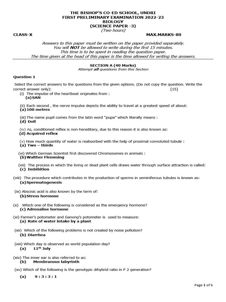 Class X Biology Preliminary Exam 2022-23 | PDF | Anatomy